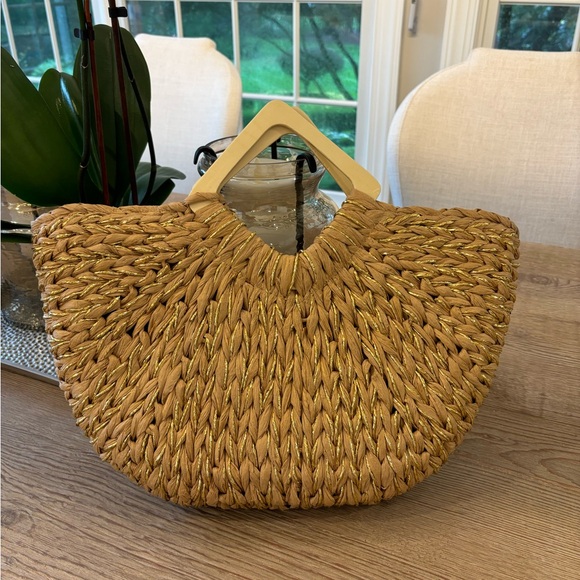 Bags | Straw Handle Bag With Gold Foils Throughout | Poshmark